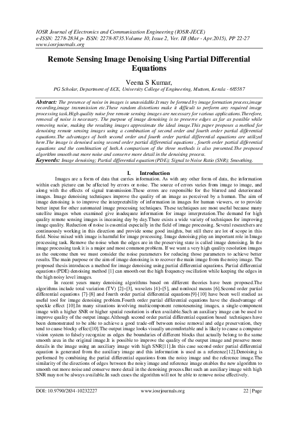 (PDF) Remote Sensing Image Denoising Using Partial Differential Equations