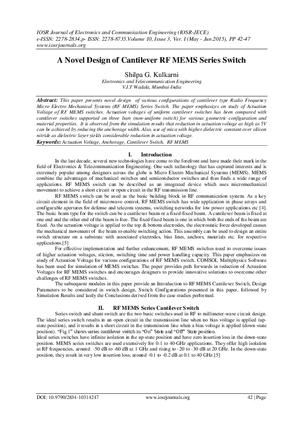 (PDF) A Novel Design of Cantilever RF MEMS Series Switch
