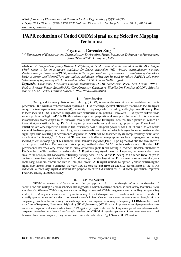 Pdf Papr Reduction Of Coded Ofdm Signal Using Selective Mapping Technique Iosr Journals