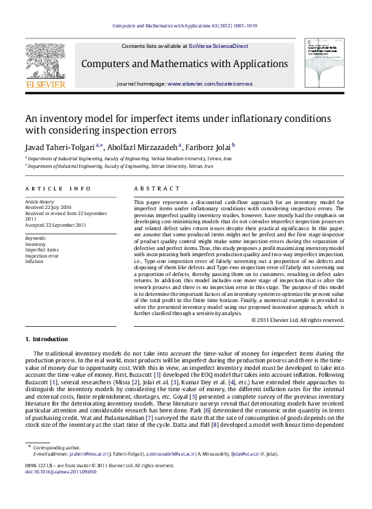 Pdf An Inventory Model For Imperfect Items Under Inflationary Conditions With Considering