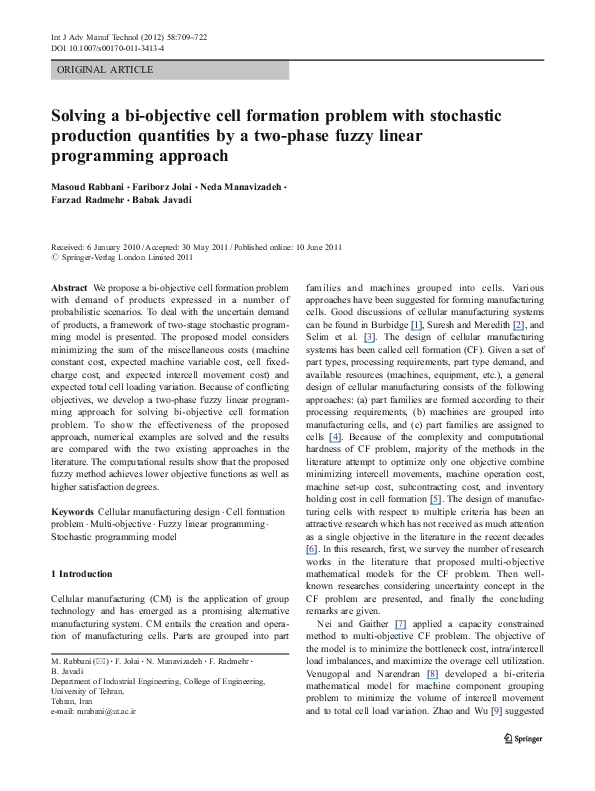 (PDF) Solving a bi-objective cell formation problem with stochastic production quantities by a ...