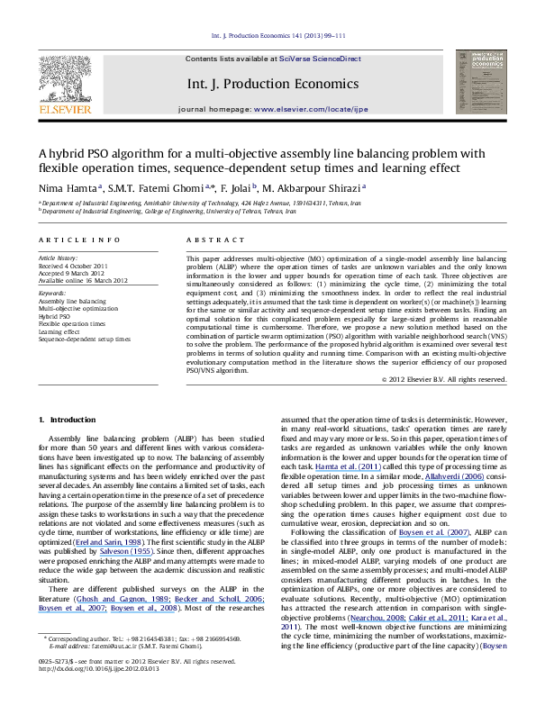 Pdf A Hybrid Pso Algorithm For A Multi Objective Assembly Line Balancing Problem With Flexible