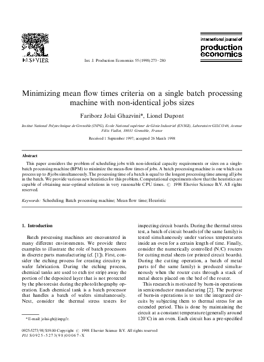 Pdf Minimizing Mean Flow Times Criteria On A Single Batch Processing Machine With Non 8330