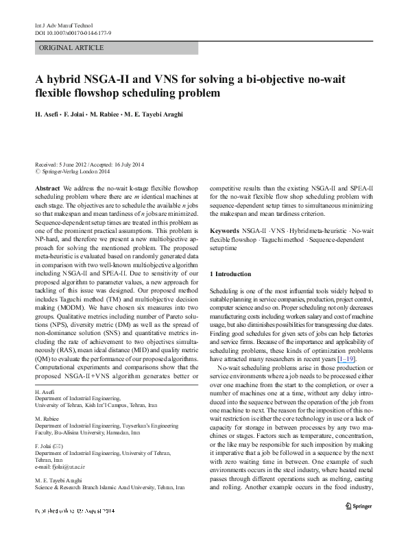 Pdf A Hybrid Nsga Ii And Vns For Solving A Bi Objective No Wait Flexible Flowshop Scheduling 