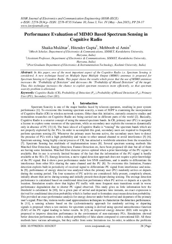 Pdf Performance Evaluation Of Mimo Based Spectrum Sensing In