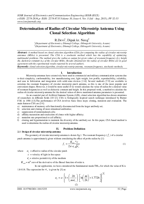 (PDF) Determination of Radius of Circular Microstrip Antenna Using Clonal Selection Algorithm