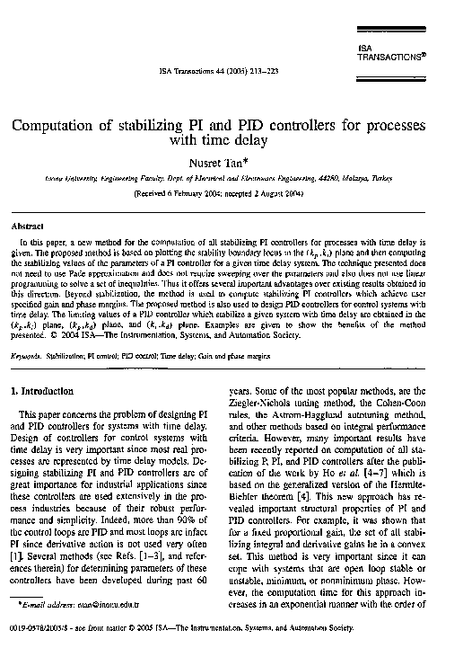 (PDF) Computation of stabilizing PI and PID controllers