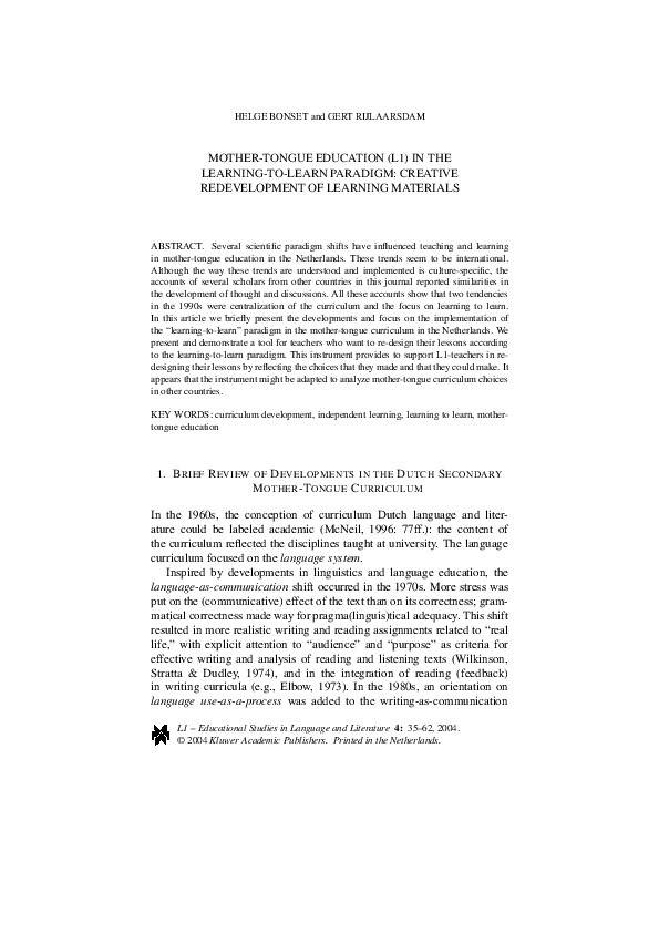 (PDF) Mother-tongue education (L1) in the learning-to-learn paradigm ...