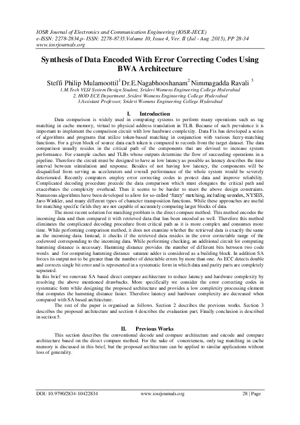 (PDF) Synthesis of Data Encoded With Error Correcting Codes Using BWA Architecture