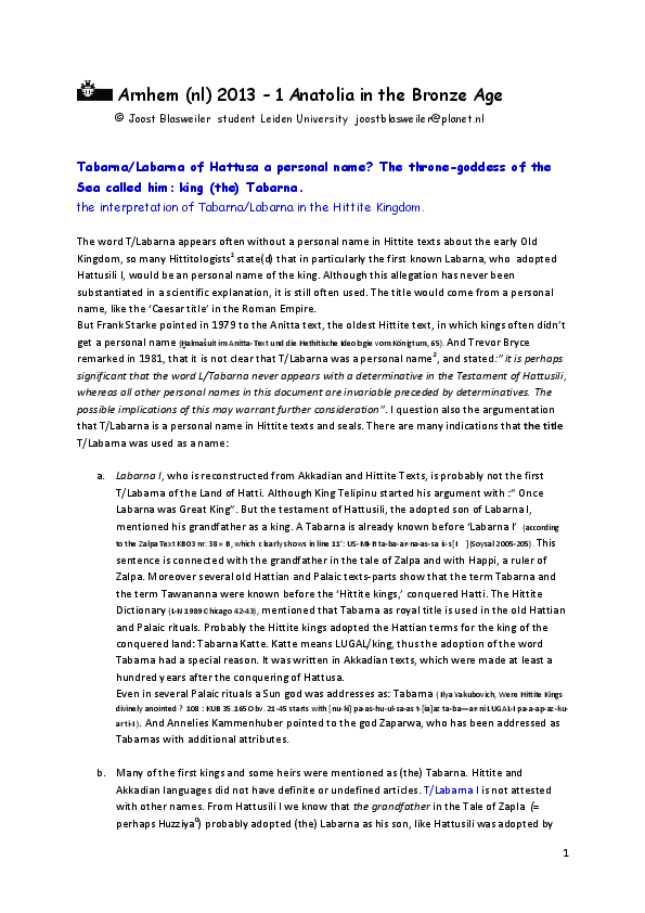 (PDF) Tabarna/Labarna of Hattusa a personal name ? The interpretation ...