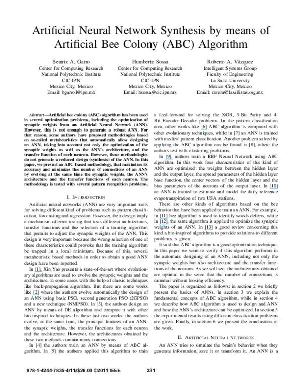 Pdf Artificial Neural Network Synthesis By Means Of Artificial Bee Colony Abc Algorithm