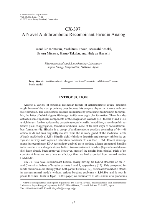 (PDF) CX-397: A Novel Antithrombotic Recombinant Hirudin Analog
