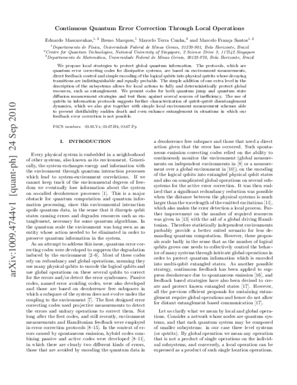 Pdf Continuous Quantum Error Correction Through Local Operations Marcelo Santos 