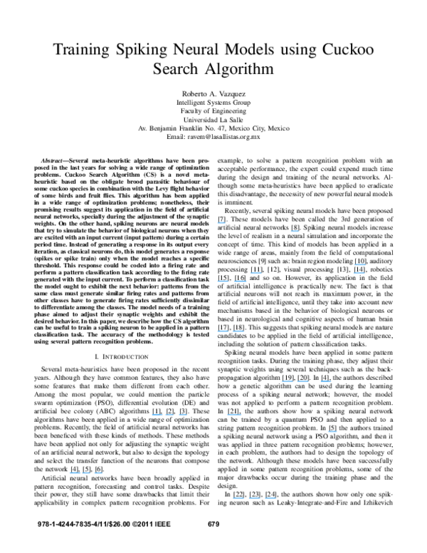 Pdf Training Spiking Neural Models Using Cuckoo Search Algorithm Roberto Vazquez