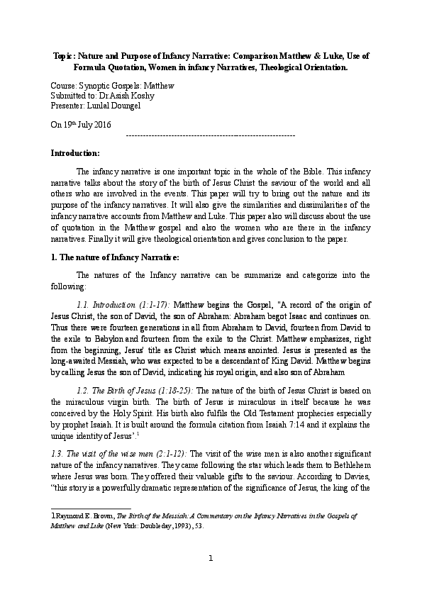 (DOC) Topic: Nature and Purpose of Infancy Narrative: Comparison ...