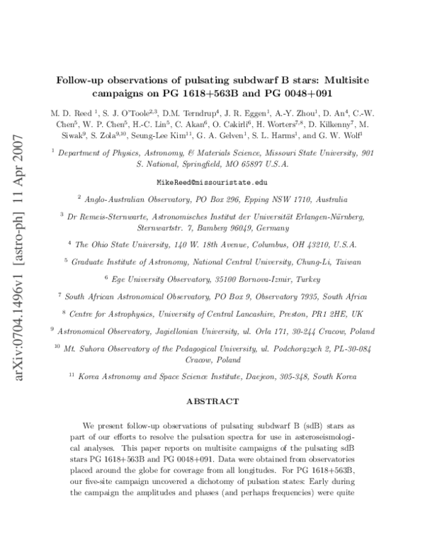 (PDF) Follow‐Up Observations of Pulsating Subdwarf B Stars: Multisite Campaigns on PG 1618+563B ...