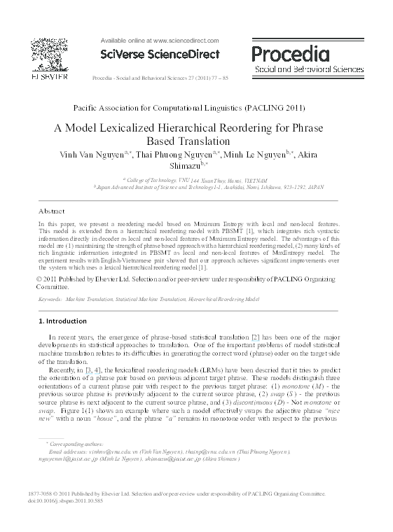 (PDF) A Model Lexicalized Hierarchical Reordering for Phrase Based Translation