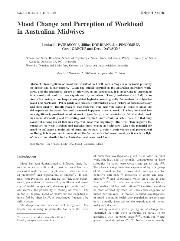 (PDF) Mood Change and Perception of Workload in Australian Midwives