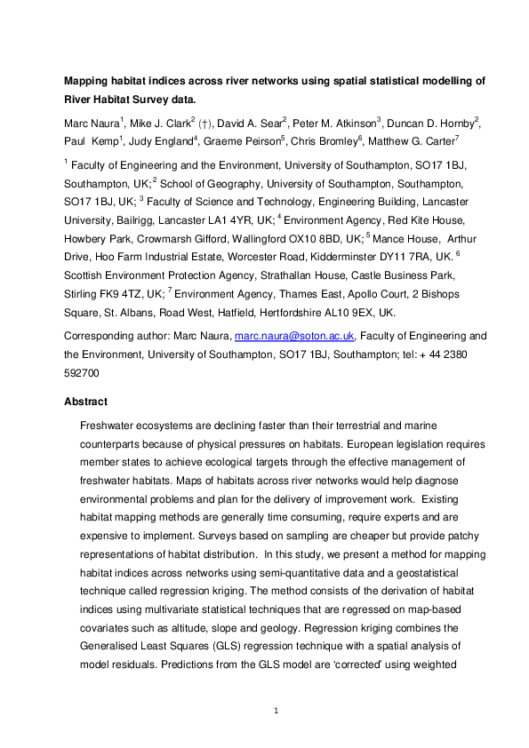 Pdf Mapping Habitat Indices Across River Networks Using Spatial Statistical Modelling Of River