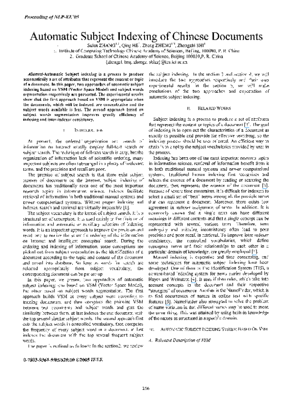 (PDF) Automatic Subject Indexing of Chinese Documents