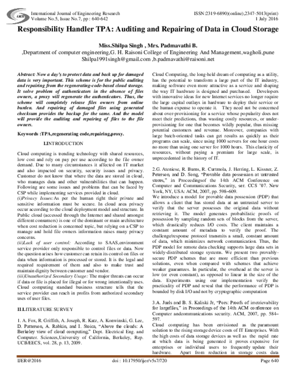 (PDF) Responsibility Handler TPA: Auditing and Repairing of Data in Cloud Storage