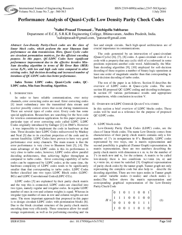 (PDF) Performance Analysis of Quasi-Cyclic Low Density Parity Check Codes