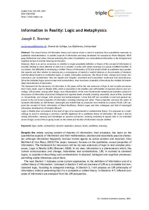 (PDF) Information in Reality: Logic and Metaphysics