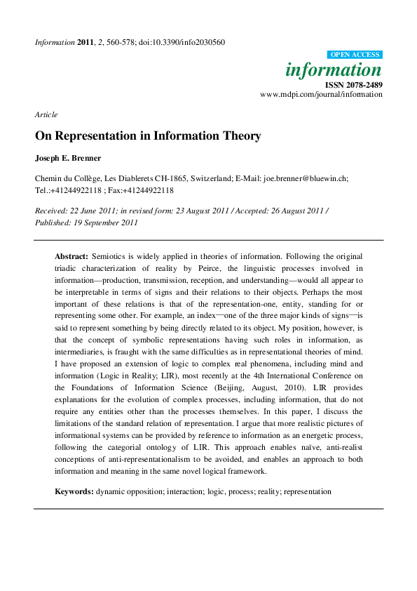 (PDF) On Representation in Information Theory