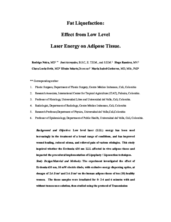 (PDF) Fat Liquefaction: Effect of Low-Level Laser Energy on Adipose Tissue