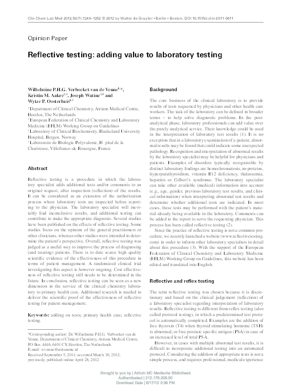 (PDF) Reflective testing: adding value to laboratory testing
