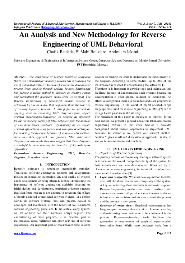 Pdf An Analysis And New Methodology For Reverse Engineering Of Uml Behavioral