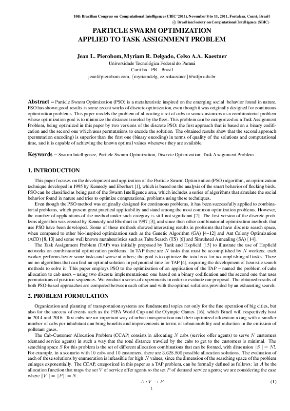 (PDF) PARTICLE SWARM OPTIMIZATION APPLIED TO TASK ASSIGNMENT PROBLEM