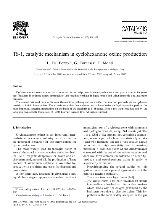 (PDF) TS-1, catalytic mechanism in cyclohexanone oxime production
