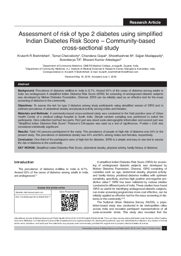 (PDF) Assessment of risk of type 2 diabetes using simplified Indian ...