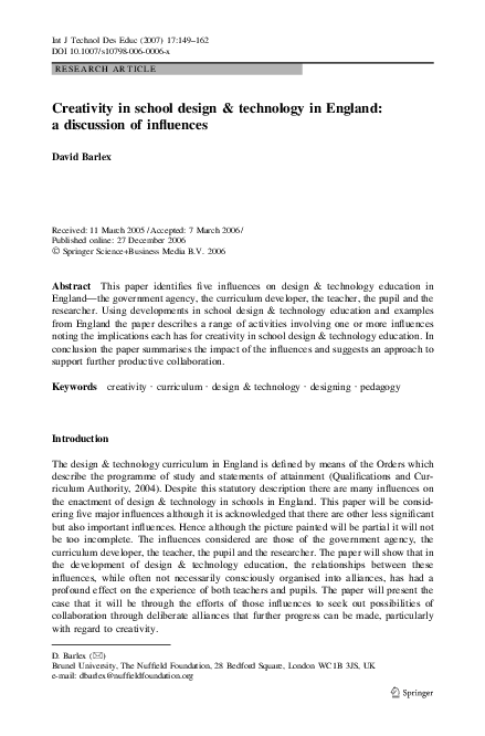 (PDF) Creativity in school design & technology in England: a discussion ...