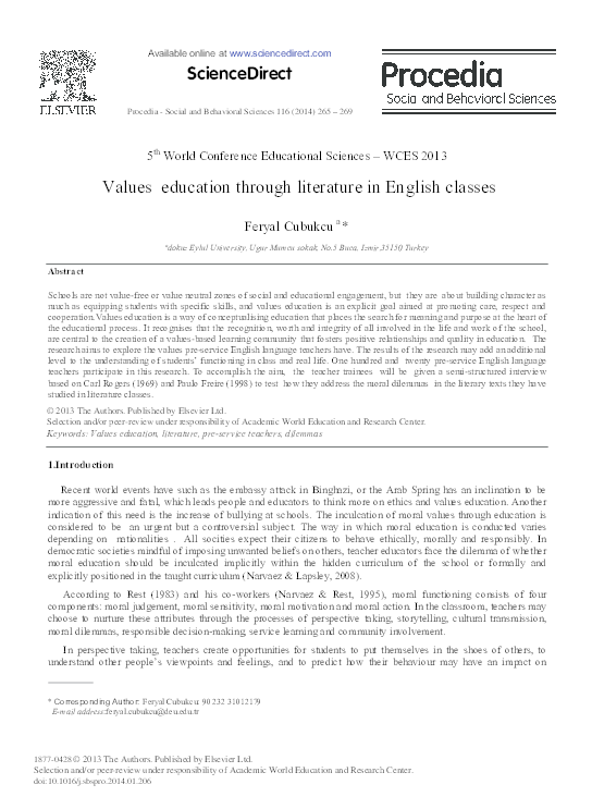 (PDF) Values Education through Literature in English Classes