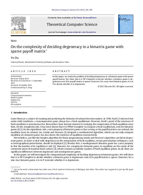 (PDF) On the complexity of deciding degeneracy in a bimatrix game with ...