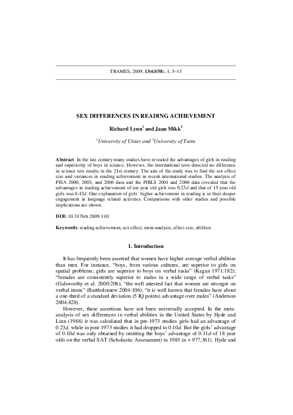 (PDF) SEX DIFFERENCES IN READING ACHIEVEMENT