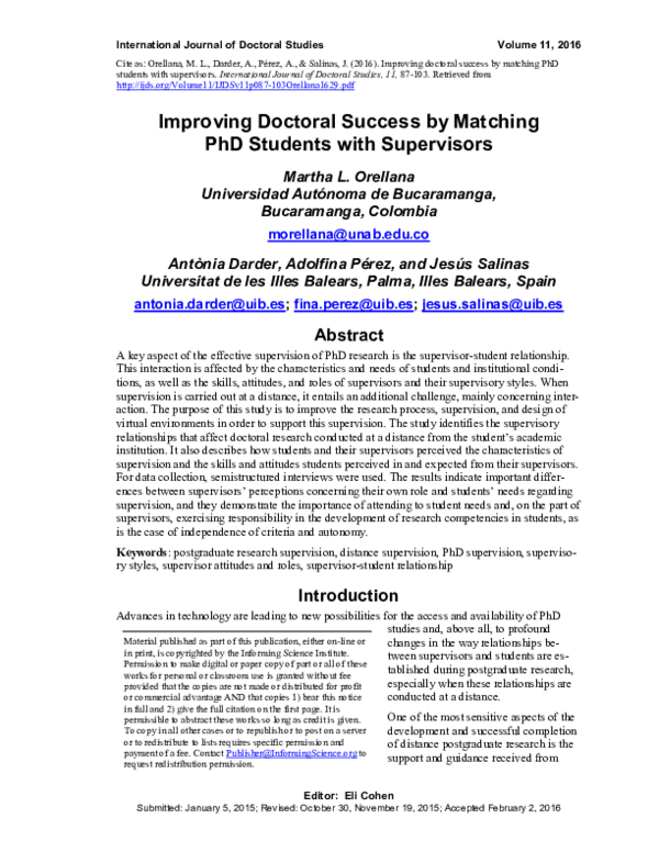 (PDF) Improving Doctoral Success by Matching PhD Students with Supervisors