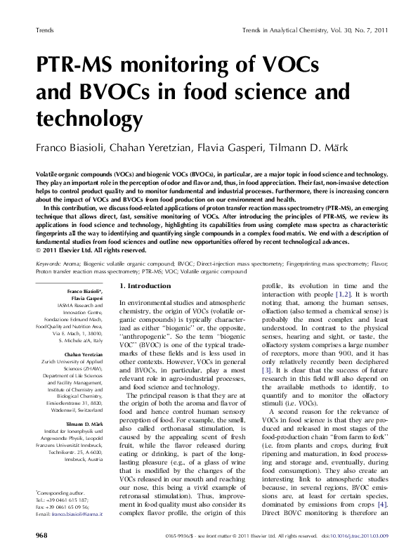 (PDF) PTR-MS monitoring of VOCs and BVOCs in food science and technology