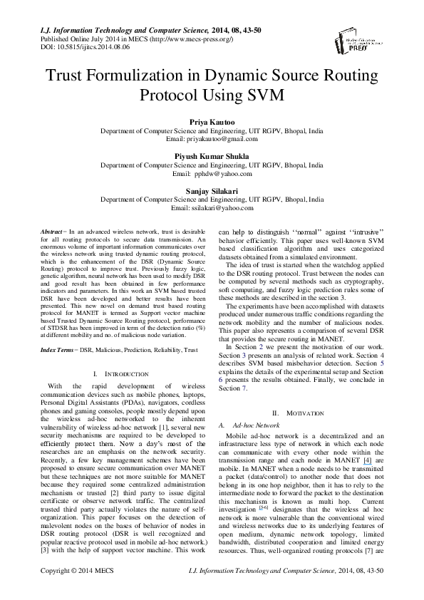 (PDF) Trust Formulization in Dynamic Source Routing Protocol Using SVM