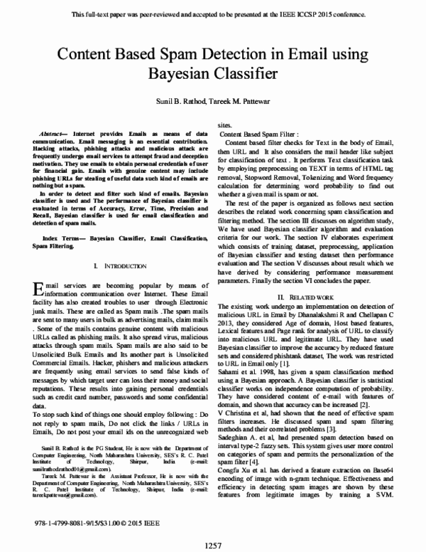 (PDF) Content Based Spam Detection in Email using Bayesian Classifier