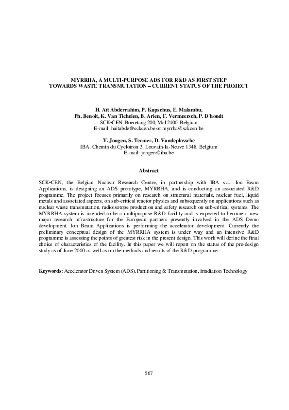 (PDF) MYRRHA, A multi-purpose ADS for R&D as first step towards waste ...