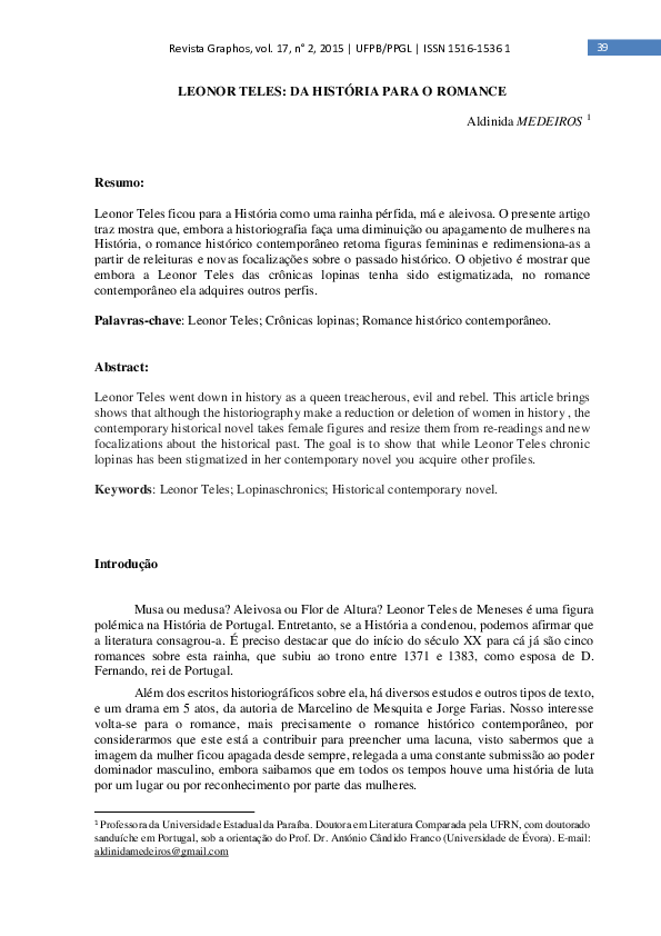 (PDF) LEONOR TELES: DA HISTÓRIA PARA O ROMANCE