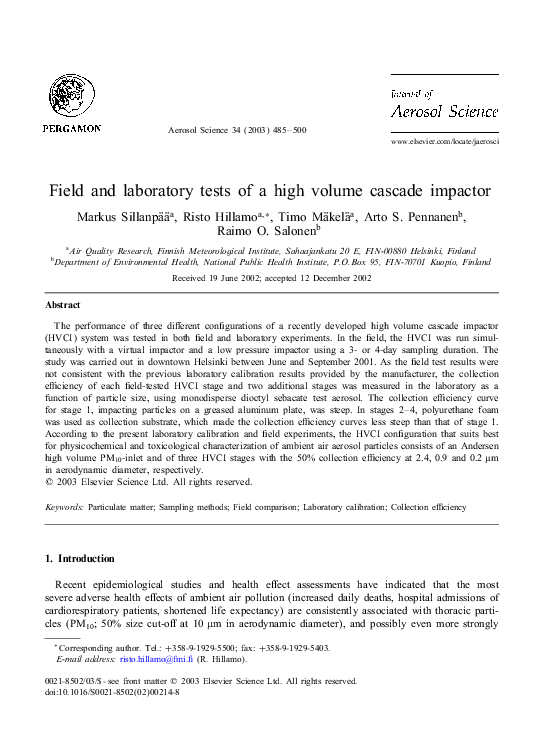 (PDF) Field and laboratory tests of a high volume cascade impactor