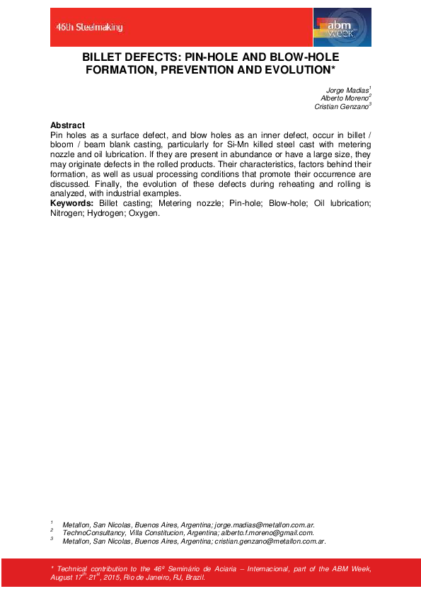 (PDF) BILLET DEFECTS: PIN-HOLE AND BLOW-HOLE FORMATION, PREVENTION AND EVOLUTION