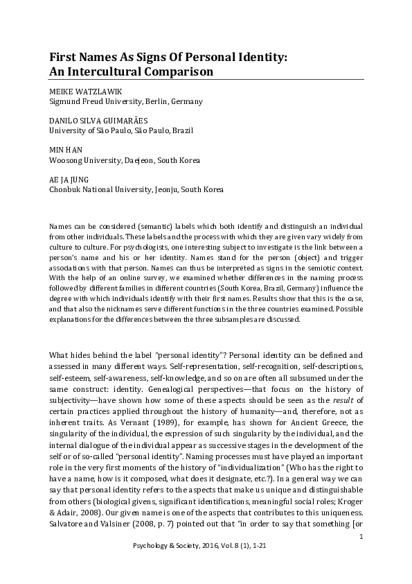 First Names As Signs Of Personal Identity: An Intercultural Comparison ...