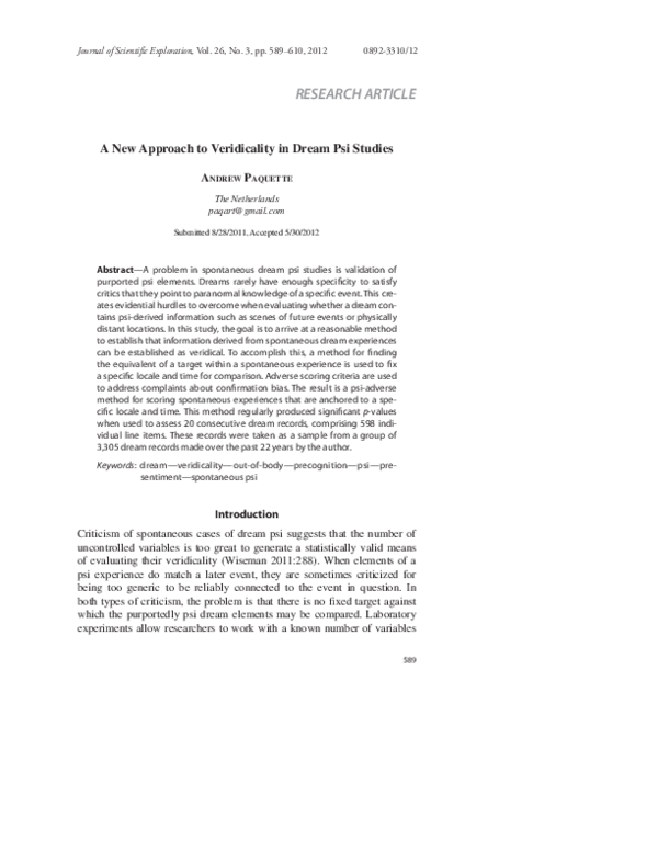 (PDF) A New Approach to Veridicality in Dream Psi Studies | Andrew ...