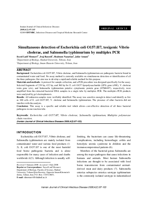 (PDF) Detection of E.coli O157:H7, V.cholerae, and S. typhimurium by ...