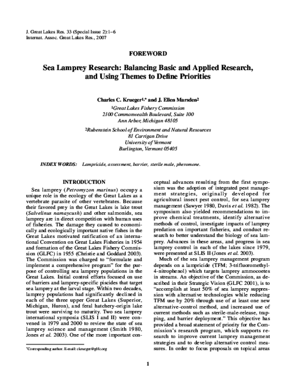 (PDF) Sea Lamprey Research: Balancing Basic and Applied Research, and ...